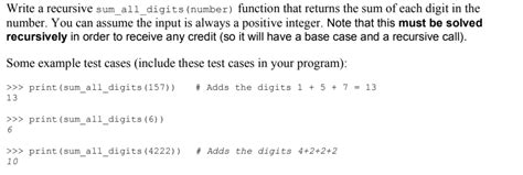 Solved Write A Recursive Sumalldigits Number Function