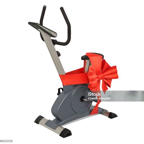 활과 리본 선물 개념 고정 운동 자전거 흰색 배경에 고립 된 3 차원 렌더링 자전거 운동에 대한 스톡 사진 및 기타 이미지 자전거 운동 구매 나비매듭 Istock