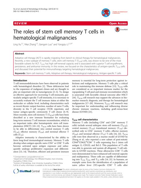 PDF The Roles Of Stem Cell Memory T Cells In Hematological Malignancies