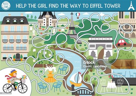 파리의 장면을 가진 아이들을 위한 프랑스 미로 도시를 가로질러 자전거를 타는 여자 프랑스 유치원 인쇄 가능한 활동 미로 게임 또는 관광과 퍼즐 소녀가 에펠탑에 갈 수 있도록