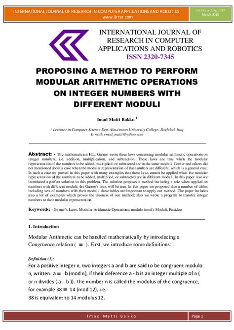 pdf proposing a method to perform modular arithmetic operations on