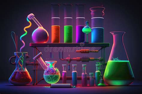 Chemical Lab With Colorful Beakers And Flasks Generative Ai Stock Illustration Illustration