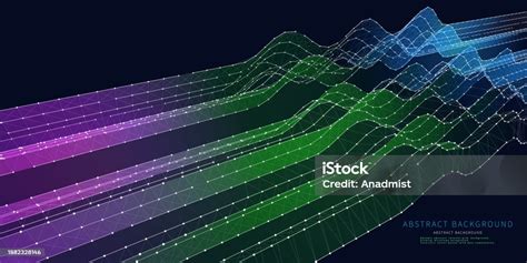 추상적인 배경 물결 모양의 그리드는 그물 점과 어두운 선에 있습니다 기술 와이어프레임 개념 데이터는 가상 공간에서 파동합니다 빅 데이터 비즈니스 과학 및 기술 데이터 분석을