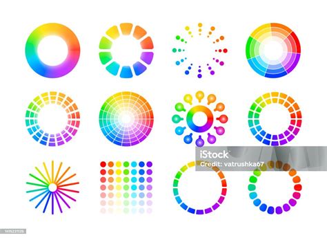 컬러 휠 다양한 모양의 차트 무지개 다색 팔렛이있는 그라디언트 스펙트럼 색조와 채도를 가진 다채로운 컬러 휠 벡터 격리 세트 0명에 대한 스톡 벡터 아트 및 기타 이미지