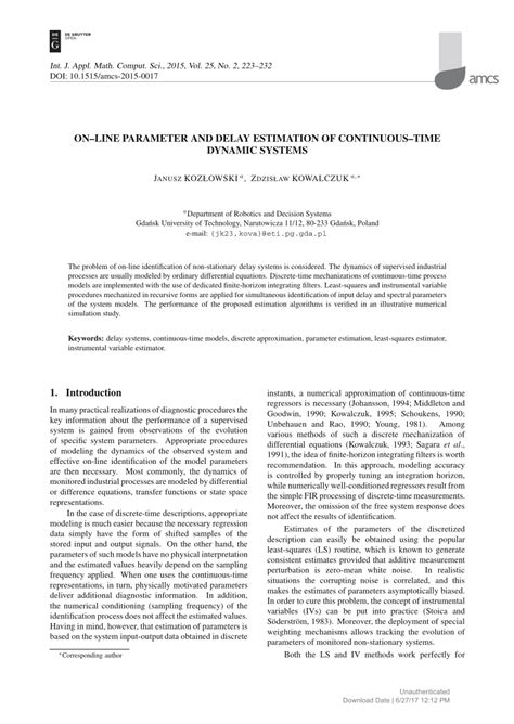 Pdf Online Parameter And Delay Estimation Of Continuoustime Dynamic