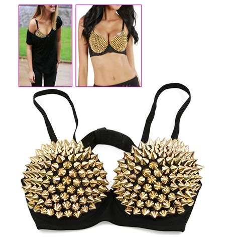 Faby Hot Women Hot Sexy Gold Silver Tone Metallic Punk Gather Rivet Bra Push Up Bra In Bras From