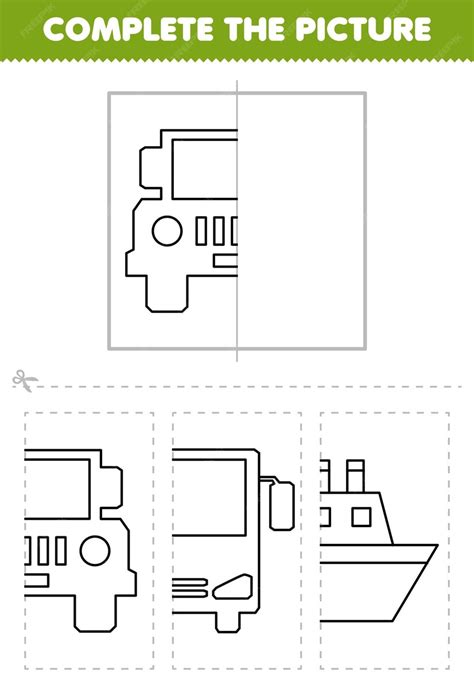 어린이를 위한 교육 게임은 인쇄 가능한 운송 워크시트를 색칠하기 위한 귀여운 만화 자동차 반 개요의 그림을 자르고 완성합니다 프리미엄 벡터