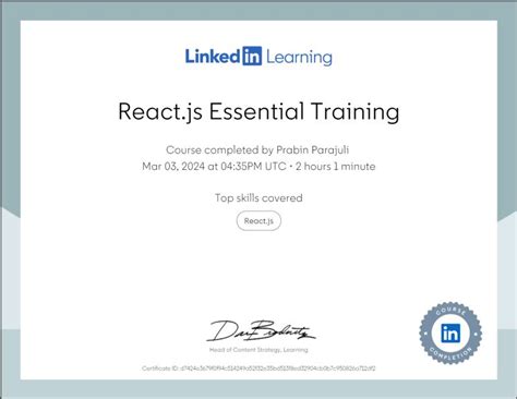 earned react js essential training prabin parajuli posted on the topic linkedin