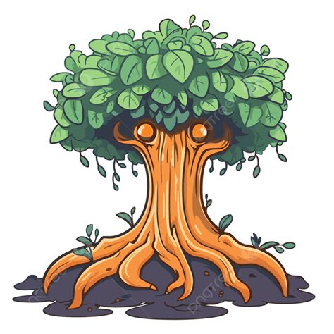 نبات مع الجذور المتجه شجرة الكرتون مع أوراق الشجر في الأرض ملصق