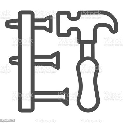 손톱 라인 아이콘 노동 일 개념 흰색 배경에 목공 표지판 해머 는 모바일 개념과 웹 디자인을위한 윤곽 스타일네일 아이콘을 치는 망치와 보드 벡터 그래픽 강철에 대한 스톡