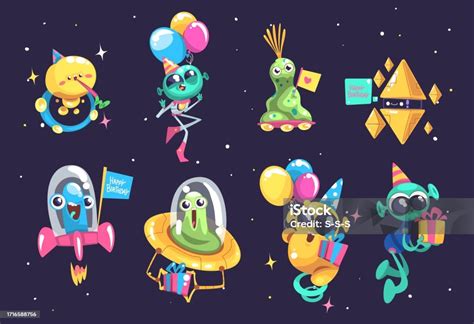외계인 우주 파티 외계 우주선의 외계인 괴물 아이 캐릭터 귀여운 Ufo 멋진 작은 어리석은 미친 생물 우주 공간의 어린이 생일 고급 벡터 그림 미확인 비행 물체에 대한 스톡