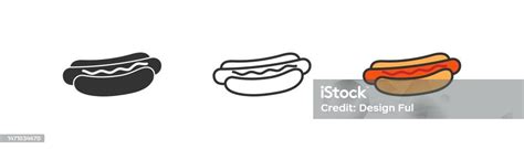 밝은 배경에 핫도그 아이콘입니다 패스트 푸드 기호입니다 미국식 길거리 음식 소시지 롤빵 겨자 케첩 테이크아웃 카페 윤곽선 평면 및 컬러 스타일 플랫 디자인 벡터 그림입니다