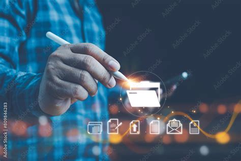 Folder Document Management System Dms Open File Folder With Flying Blank Documents With Computer