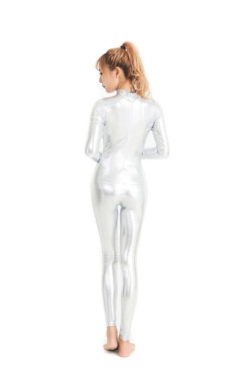 Women Silver Metallic Catsuits Long Sleeve Unitards Full Bodysuit Spandex Dance Gymnastic