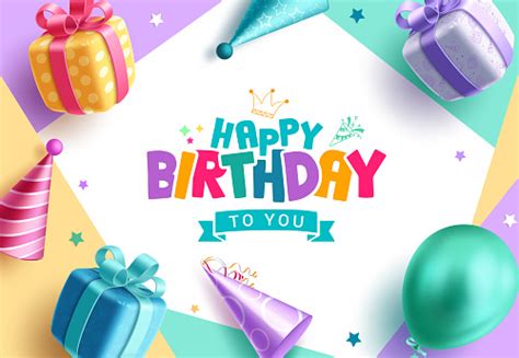 생일 축하합니다 인사말 벡터 템플릿 디자인 선물 상자 파티 모자 풍선 및 별 장식이 있는 생일 인사말 텍스트 0명에 대한 스톡 벡터 아트 및 기타 이미지 Istock
