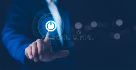 Businessman Pressing Power Button Concept Digital Technology Touch Screen Hardware Equipment