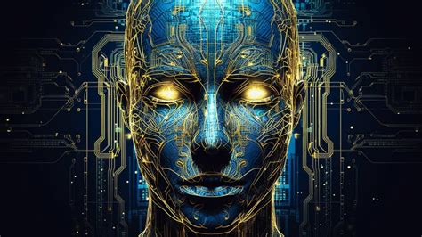 Digital Man S Head With Circuitry Lines Pattern In Metallic Golden Structure On Dark Blue