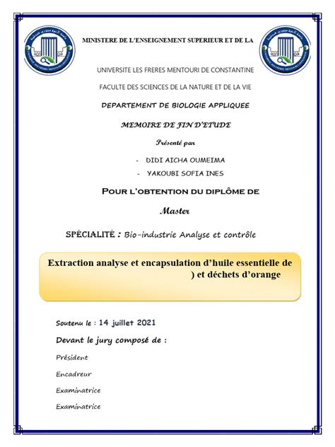 Extraction Analyse Et Encapsulation Dhuile Essentielle De Déchets De