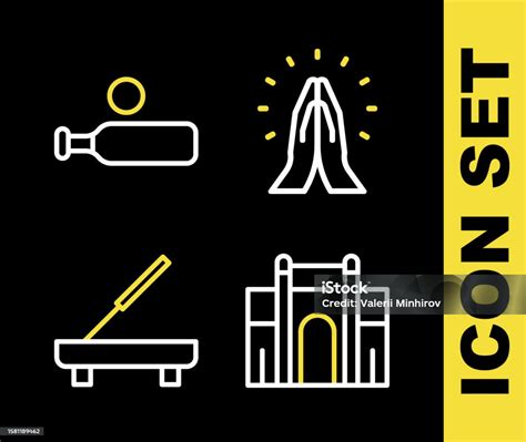 기도 자세 인도 게이트 델리 향기로운 스파 스틱 및 나무 크리켓 박쥐 공 아이콘에 라인 손을 설정합니다 벡터 건축에 대한 스톡 벡터 아트 및 기타 이미지 Istock