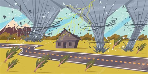 자연 재해와 대격변의 토네이도 뇌우 허리케인 벡터 만화 일러스트 레이 션 프리미엄 벡터