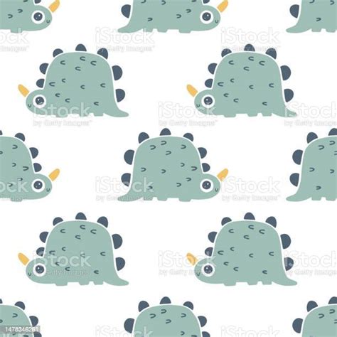 공룡 완벽 한 패턴입니다 간단한 스칸디나비아 리노컷 스타일의 큰 눈을 가진 손으로 그린 만화 공룡 캐릭터 벡터 그림입니다 흰색 배경에 트렌디한 파스텔 성 중립 팔레트 0명에