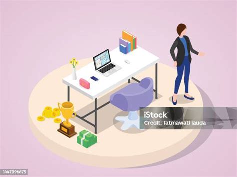 전문 사업가 성공적인 캐릭터 전문 성공 입는 정장 직장 노트북 가방 스마트폰 책 꽃 꽃병 테이블 돈 동전 트로피 아이소메트릭 3d 평면 만화 스타일 3차원 형태에 대한 스톡