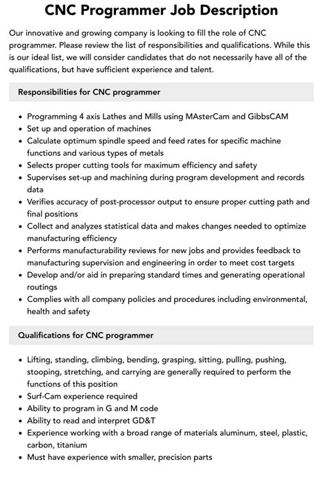 Cnc Programmer Job Description Velvet Jobs