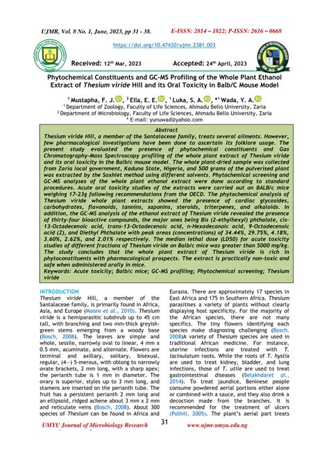 Pdf Phytochemical Constituents And Gc Ms Profiling Of The Whole Plant