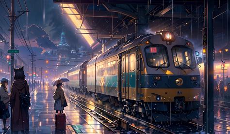Anime Scene Of A Train Station With People Waiting For The Train