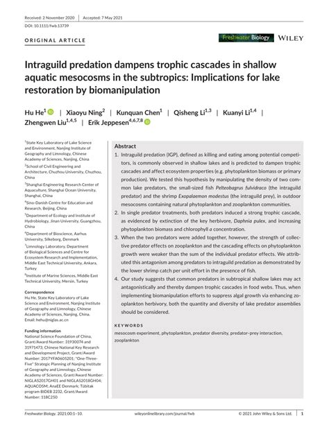 Pdf Intraguild Predation Dampens Trophic Cascades In Shallow Aquatic