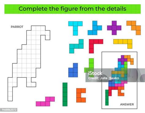 앵무새와 퍼즐 게임 어린이를 위한 컬러풀한 디테일 완전한 그림 아이들을위한 교육 게임 유치원 워크 시트 활동 0명에 대한 스톡 벡터 아트 및 기타 이미지 Istock