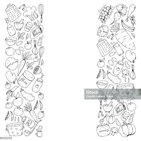 건강한 음식과 요리 과일 야채 가정 낙서 벡터 세트입니다 영양사에 대한 스톡 벡터 아트 및 기타 이미지 영양사 배경 주제 아이콘 Istock