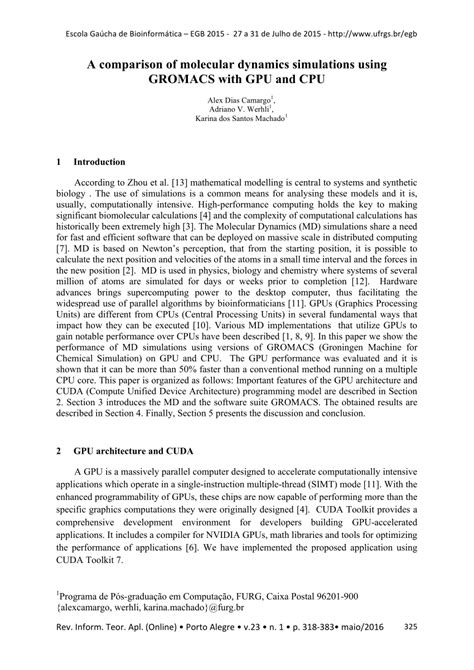 Pdf A Comparison Of Molecular Dynamics Simulations Using Gromacs With Gpu And Cpu