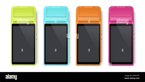 Vector Realistic Silver 3d Payment Machine Pos Terminal Set Closeup Isolated On White