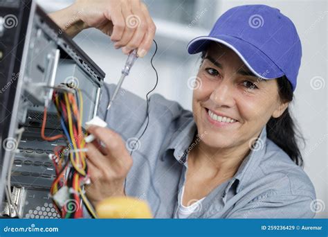 Happy Woman Fixing Computer Stock Image Image Of Person Motherboard