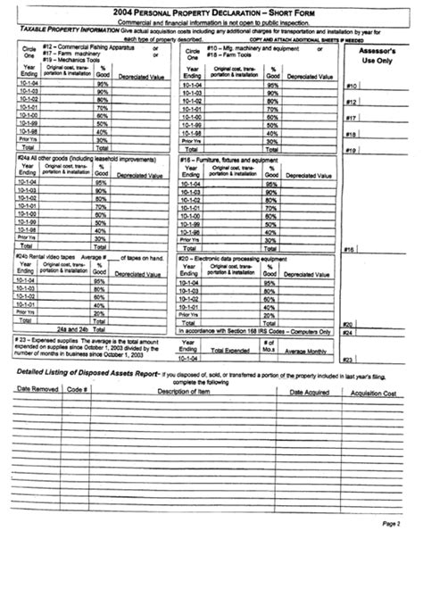 Personal Property Declaration Short Form 2003 Printable Pdf Download