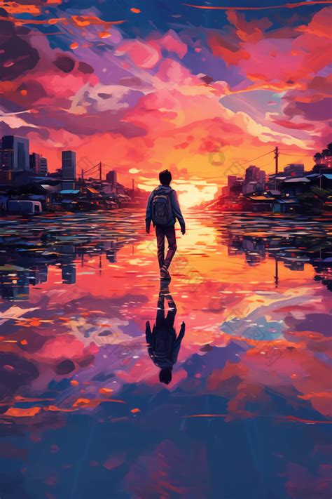 夕阳日落湖面色彩斑斓插画图片 包图网