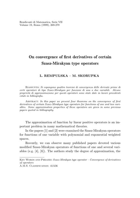 Pdf On Convergence Of First Derivatives Of Certain Szasz Mirakyan Type Operators