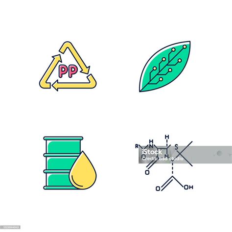 과학 및 자연 색상 아이콘 설정입니다 생명 공학 제품 재활용 재료 실험실에서 작업 미생물학 과학자 유기 화학 연구 격리된 벡터 일러스트레이션 개념에 대한 스톡 벡터 아트 및