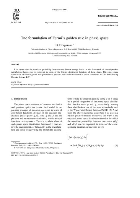 Pdf The Formulation Of Fermis Golden Rule In Phase Space