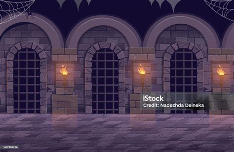 긴 복도가있는 던전 횃불이있는 중세 성 복도와 바가있는 문 돌 아치가있는 고대 궁전의 내부 벡터 일러스트레이션 돌 건축자재에 대한 스톡 벡터 아트 및 기타 이미지 Istock