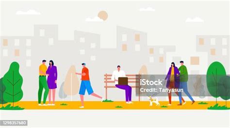 공원에서 걷고 스포츠를 연습하고 휴식을 취하고 연결하고 벤치에 앉아 개와 놀고 있는 사람들 레저 및 야외 활동 가족 피크닉 여름 휴식 벡터 플랫 컨셉 일러스트레이션 가족에