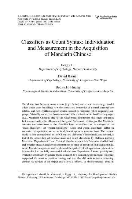 Pdf Classifiers As Count Syntax Individuation And Measurement In The Acquisition Of Mandarin