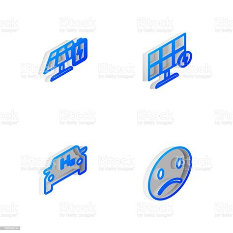 등극 라인 태양 에너지 패널 배터리 수소 자동차와 슬픈 미소 아이콘을 설정합니다 벡터 3차원 형태에 대한 스톡 벡터 아트 및 기타 이미지 3차원 형태 개념 교통수단