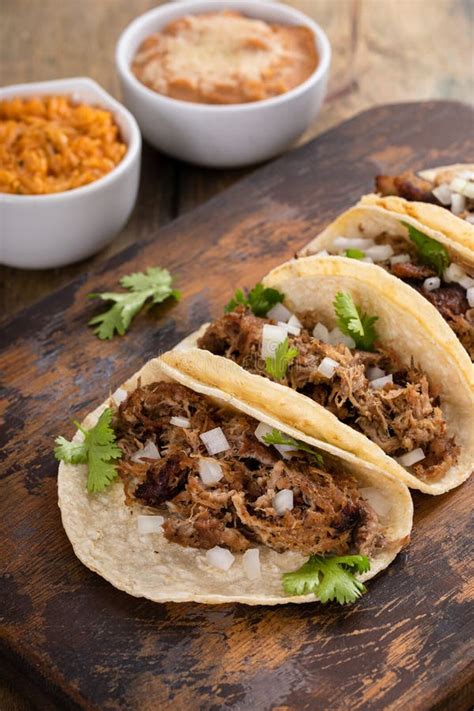 Pork Carnitas Tacos On A Cutting Board Stock Image Image Of Cooked