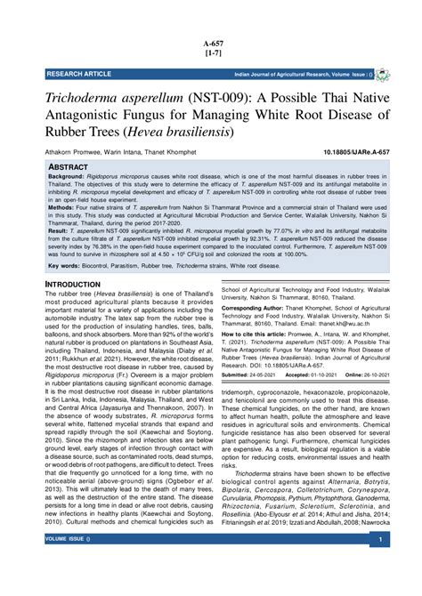 Pdf Trichoderma Asperellum Nst 009 A Possible Thai Native Antagonistic Fungus For Managing