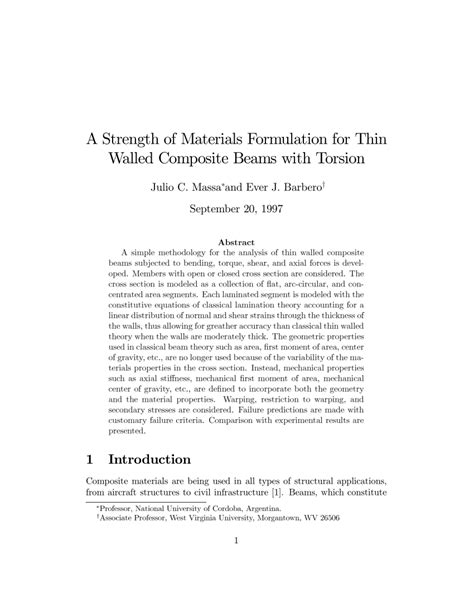 Pdf A Strength Of Materials Formulation For Thin Walled Composite Beams With Torsion