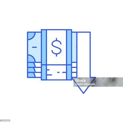 아래쪽 화살표가 있는 돈 지폐 더미 돈 금리 인하 파란색 선형 아이콘 현금 지불 종이 청구서 달러 기호 디자인 감소에 대한 스톡 벡터 아트 및 기타 이미지 Istock