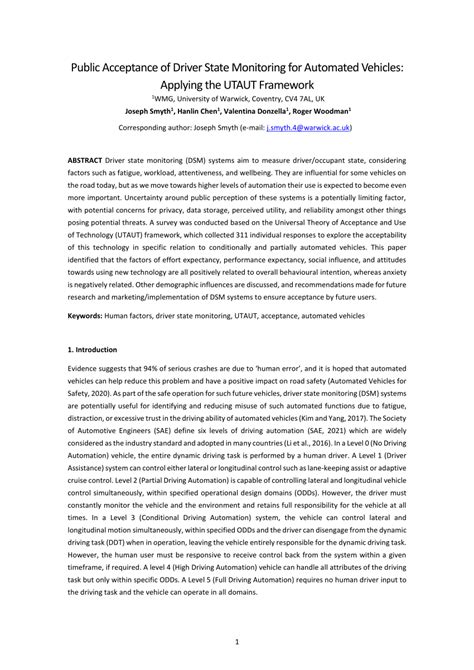 Pdf Public Acceptance Of Driver State Monitoring For Automated Vehicles Applying The Utaut