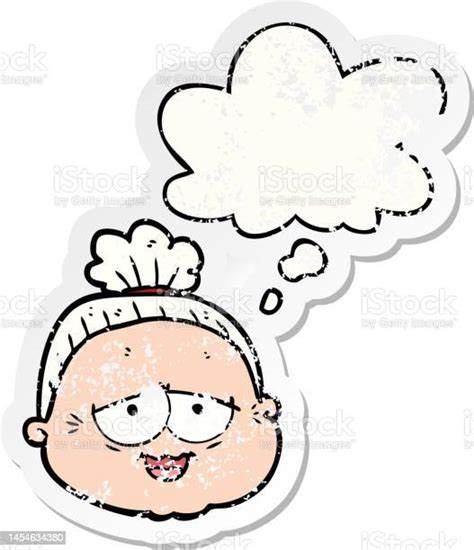 고민된 낡은 스티커로 생각 거품을 가진 만화 노부인 귀여운에 대한 스톡 벡터 아트 및 기타 이미지 귀여운 기포 낙서